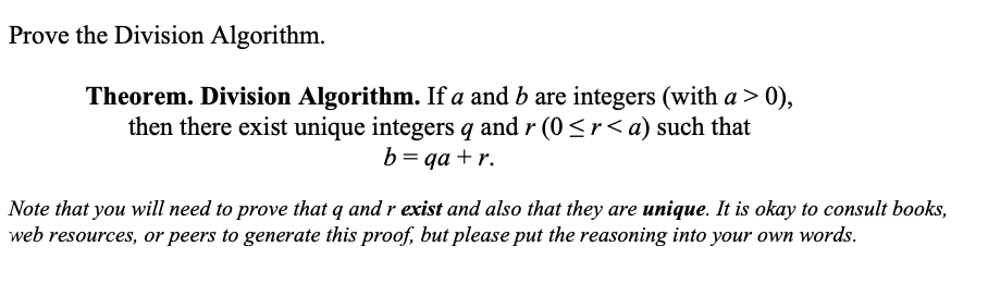 Prove The Division Algorithm Theorem Division 