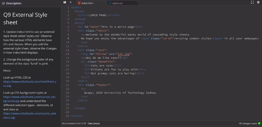 Solved Description Q9 External Style sheet 1. Update | Chegg.com