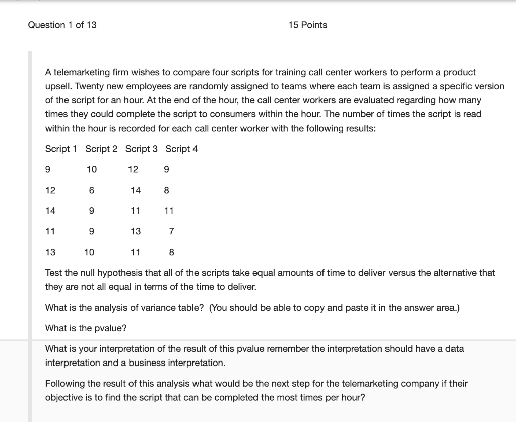 Solved Question 1 of 13 15 Points A telemarketing firm | Chegg.com