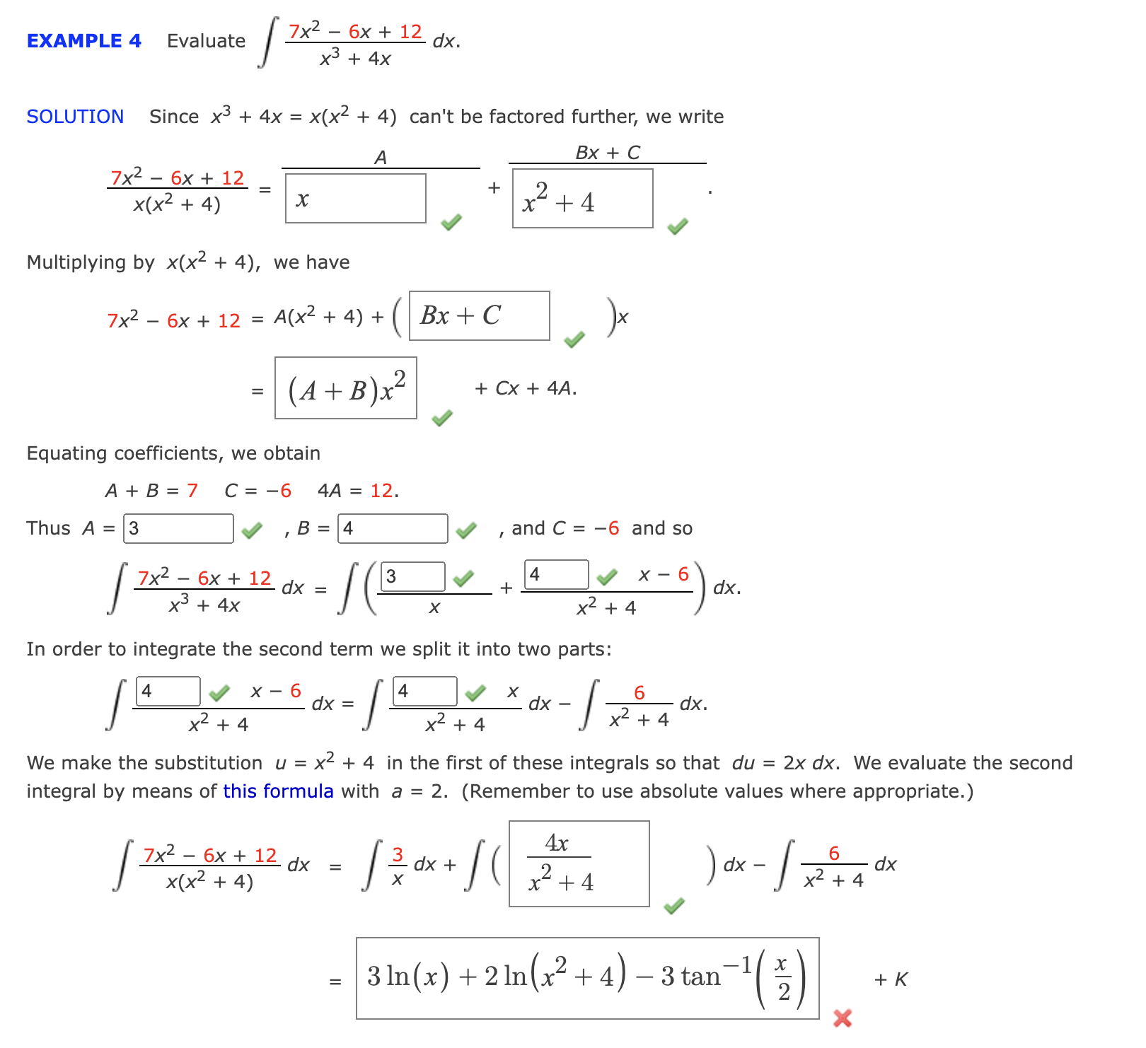 Solved EXAMPLE 4 ﻿Evaluate ∫﻿﻿7x2-6x+12x3+4xdxSOLUTION Since | Chegg.com