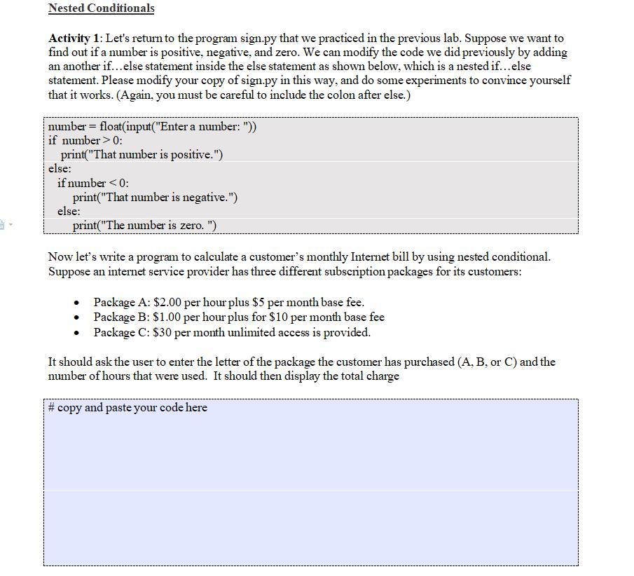 Solved Nested Conditi onals Activity 1: Let's return to the | Chegg.com