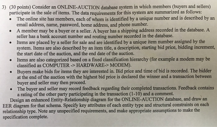 Solved 3) (30 points) Consider an ONLINE-AUCTION database | Chegg.com