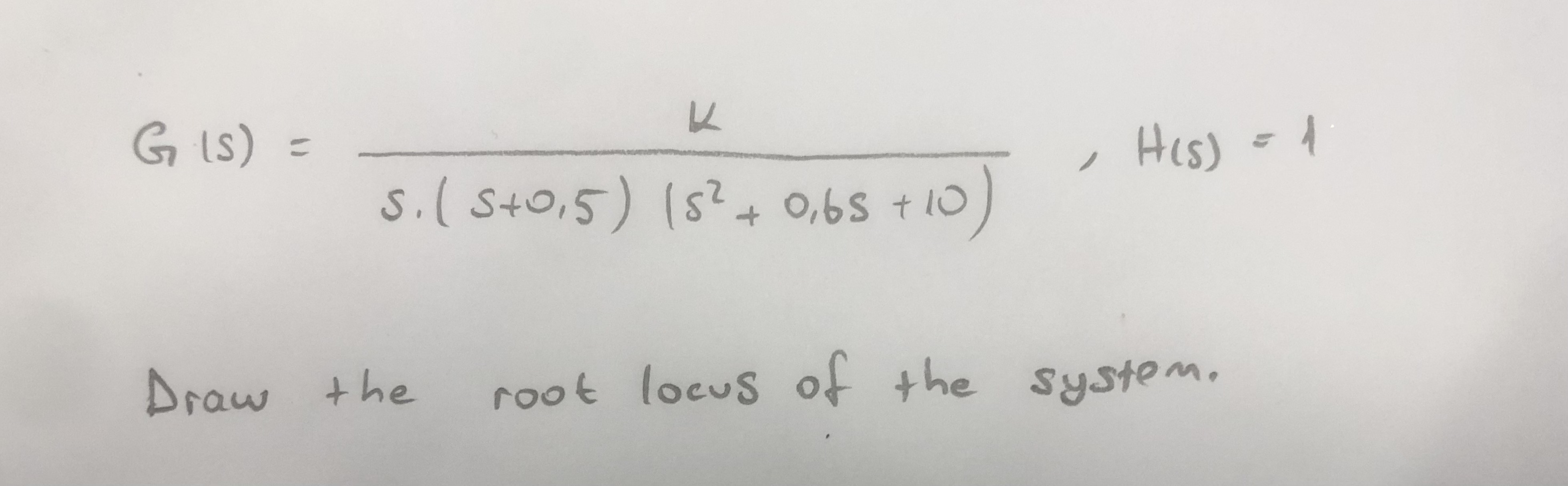 Solved G(s)=ks*(s+0,5)(s2+0,6s+10),H(s)=1Draw the root locus | Chegg.com