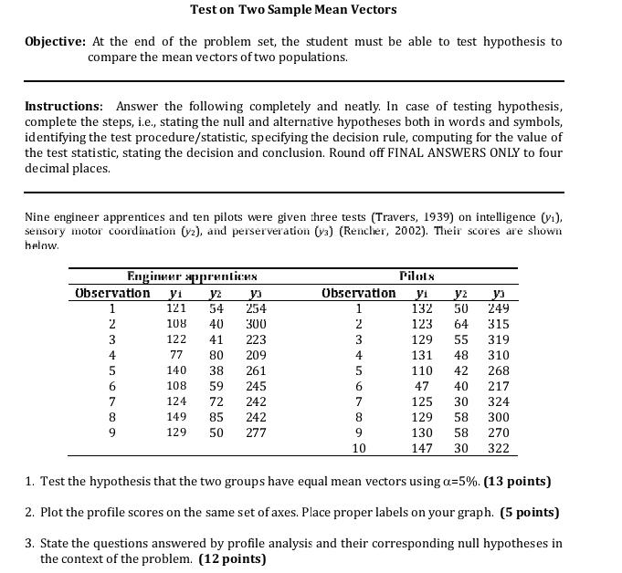 Test on Two Sample Mean Vectors Objective: At the end | Chegg.com