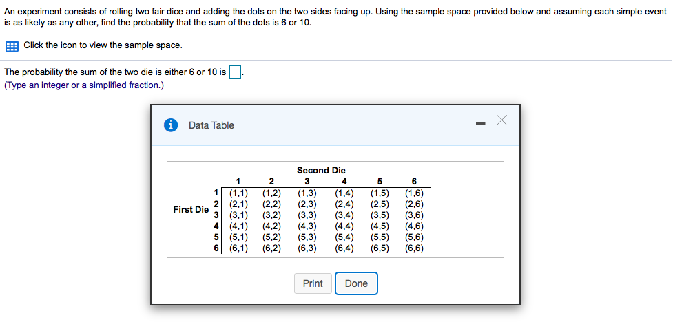 Solved An experiment consists of rolling two fair dice and | Chegg.com