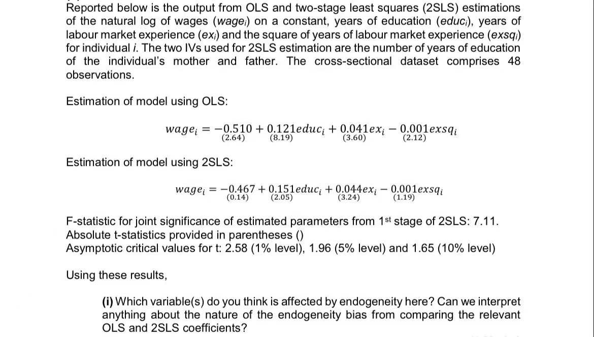 Solved Reported below is the output from OLS and two-stage | Chegg.com