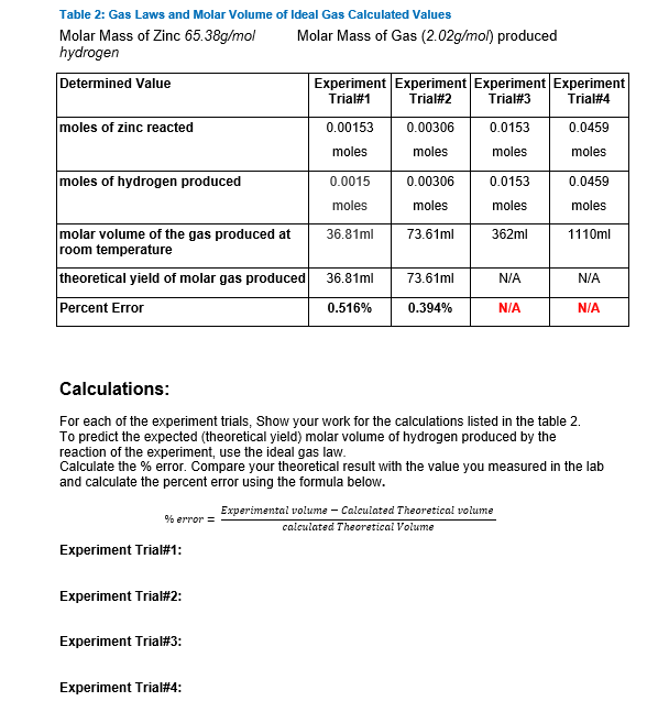 Solved Calculations: For each of the experiment trials, Show | Chegg.com