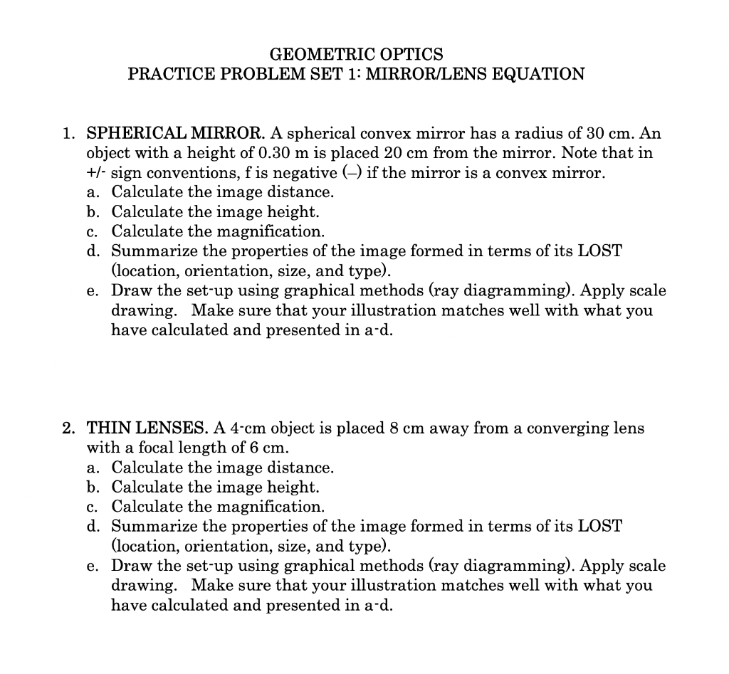 Solved GEOMETRIC OPTICS PRACTICE PROBLEM SET 1: MIRROR/LENS | Chegg.com