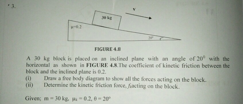 Solved 3. F 30 kg -0.2 20° FIGURE 4.8 A 30 kg block is | Chegg.com