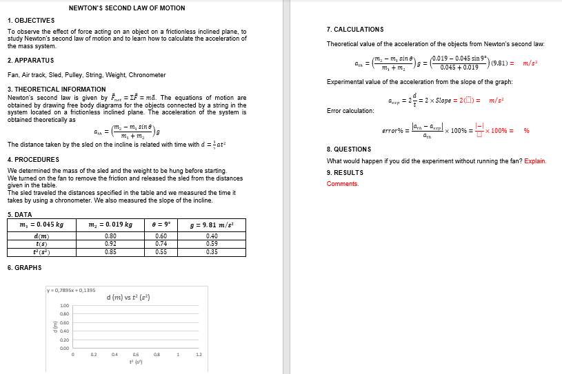 Solved NEWTON'S SECOND LAW OF MOTION 7. CALCULATIONS 1. | Chegg.com