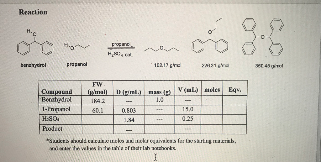Reaction HO Hor propanol H2SO4 cat benzhydrol | Chegg.com