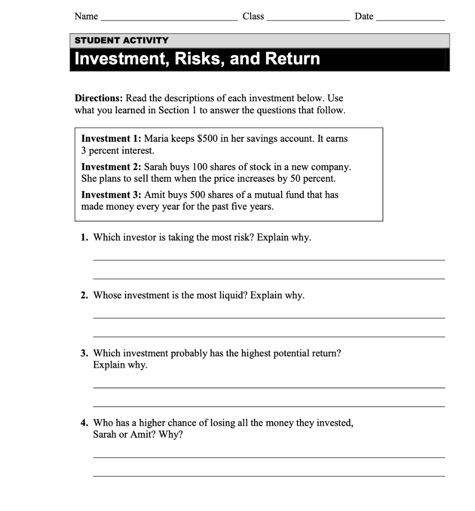 Solved Name Class Date STUDENT ACTIVITY Investment, Risks, | Chegg.com