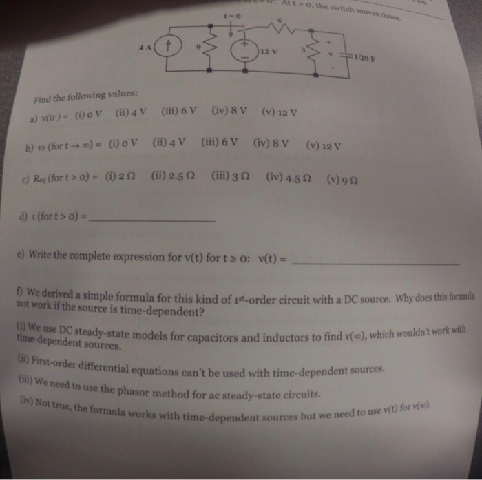 Solved Find the following values: v(o^-) = (i) o V (ii) 4 V | Chegg.com Solved Find the following values: v(o^-) = (i) o V (ii) 4 V | Chegg.com