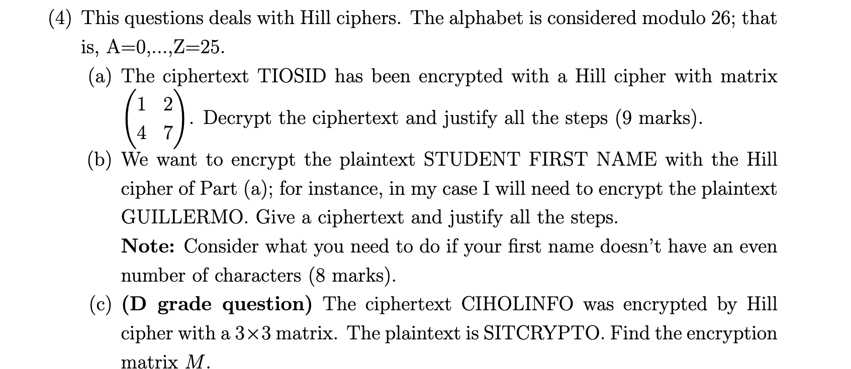 4) This questions deals with Hill ciphers. The | Chegg.com