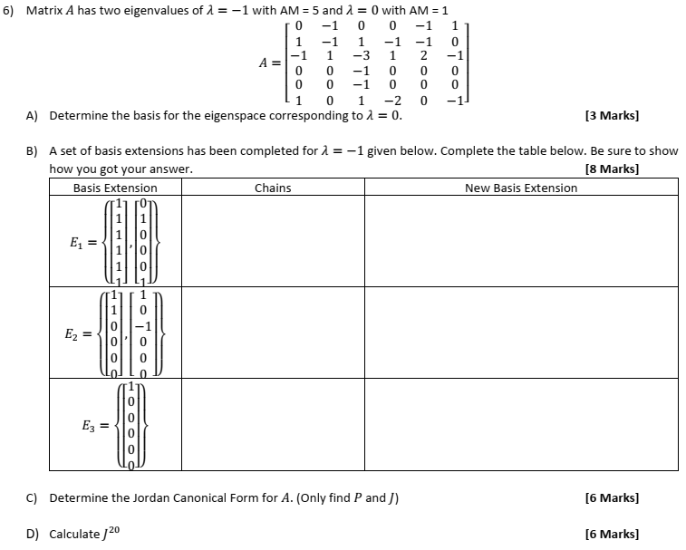 Solved -1 -3 6) Matrix A has two eigenvalues of 1 = -1 with | Chegg.com