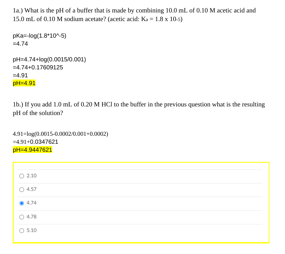 Solved 1a.) What is the pH of a buffer that is made by | Chegg.com