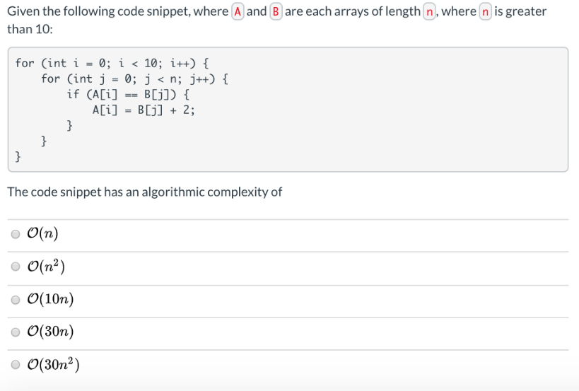 Solved Given the following code snippet, where A and B are | Chegg.com