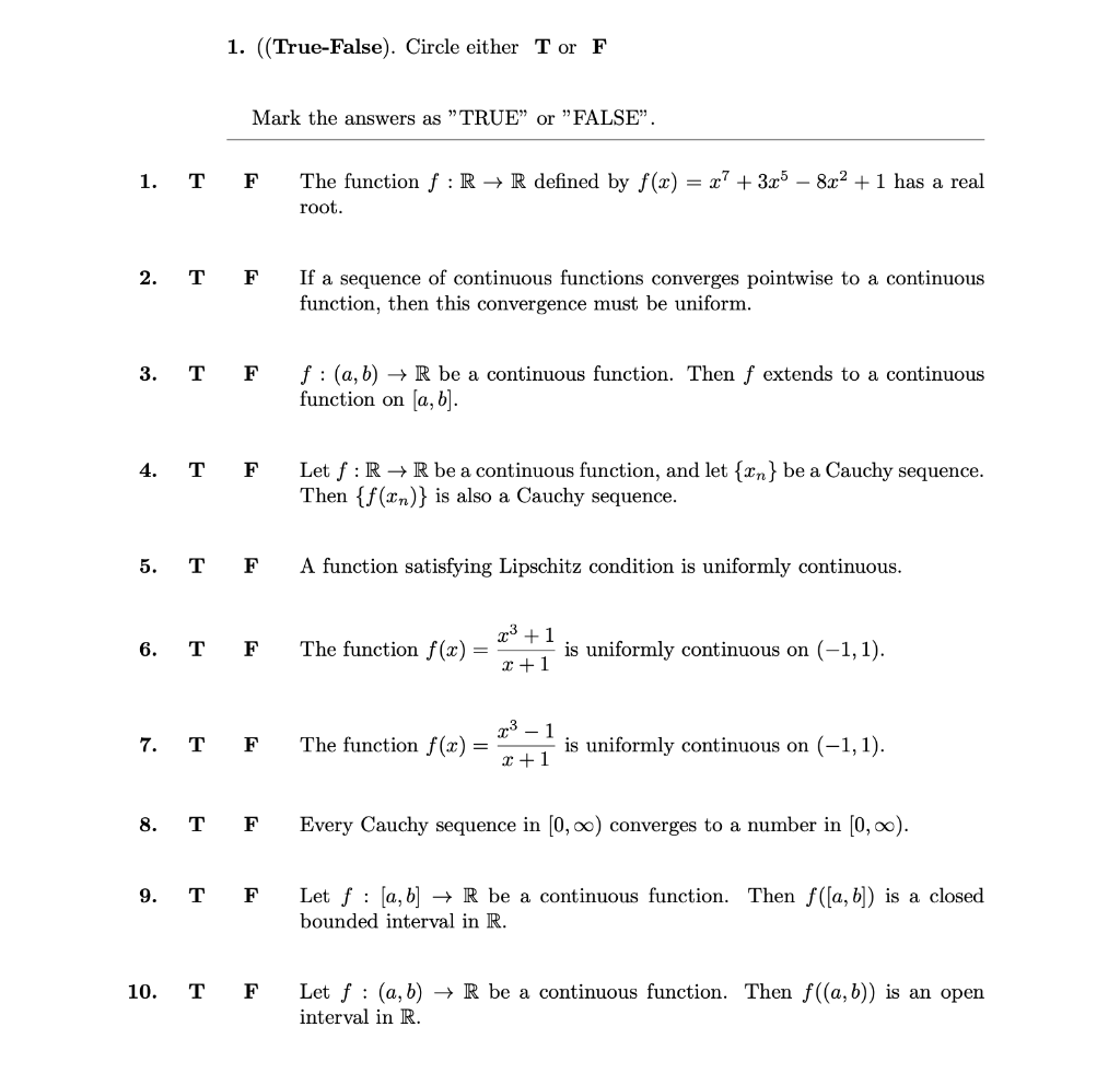 Solved 1. ((True-False). Circle either T or F Mark the | Chegg.com