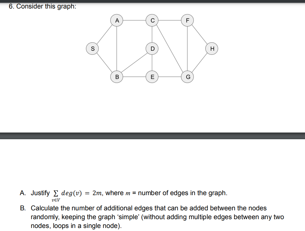 Solved 6. Consider this graph: A. Justify ∑v∈Vdeg(v)=2m, | Chegg.com