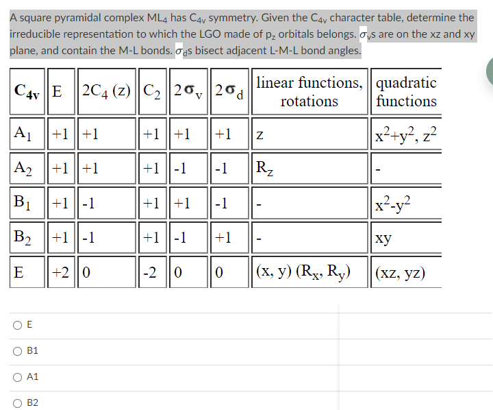 Solved A square pyramidal complex ML4 has Cav symmetry. | Chegg.com