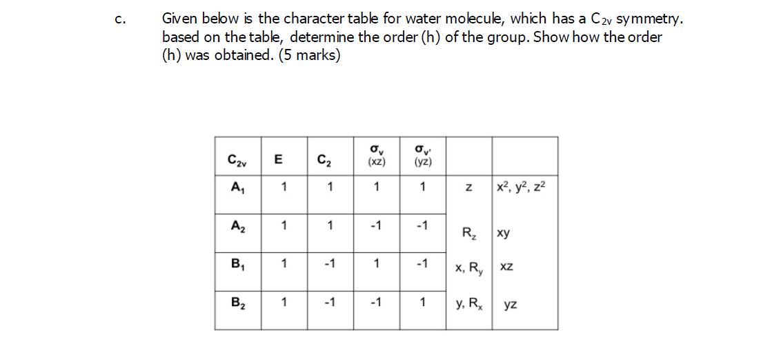 Solved C. Given below is the character table for water | Chegg.com