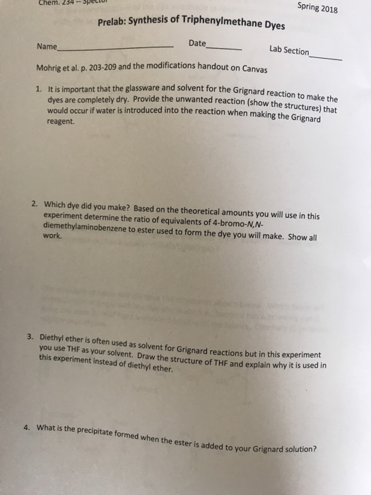 Solved Spring 2018 Chem. 234--3petio Prelab: Synthesis of | Chegg.com