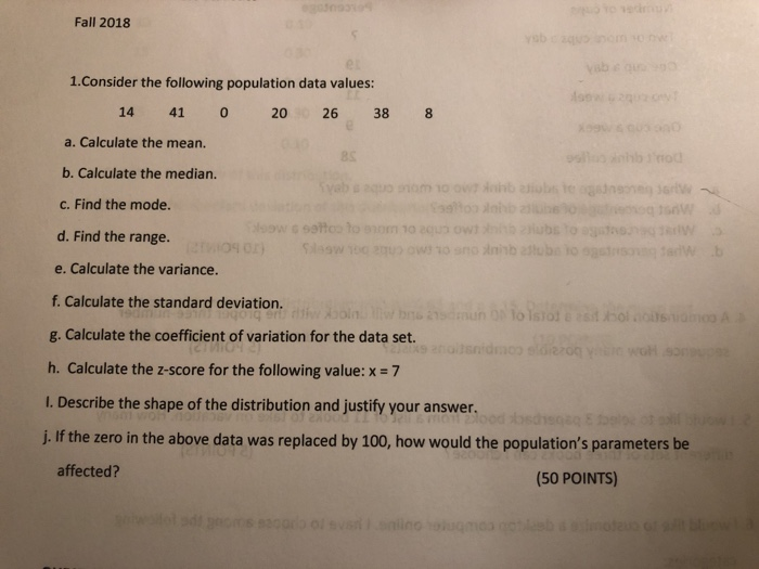 Solved Fall 2018 1.Consider the following population data | Chegg.com