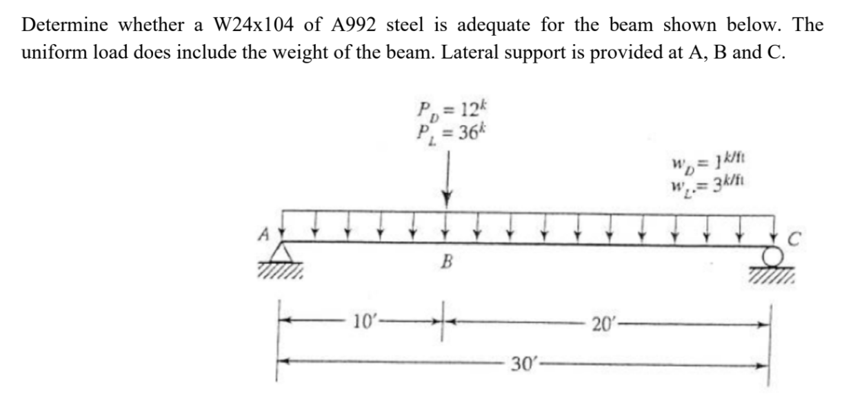 Solved Determine whether a W24x104 of A992 steel is adequate | Chegg.com