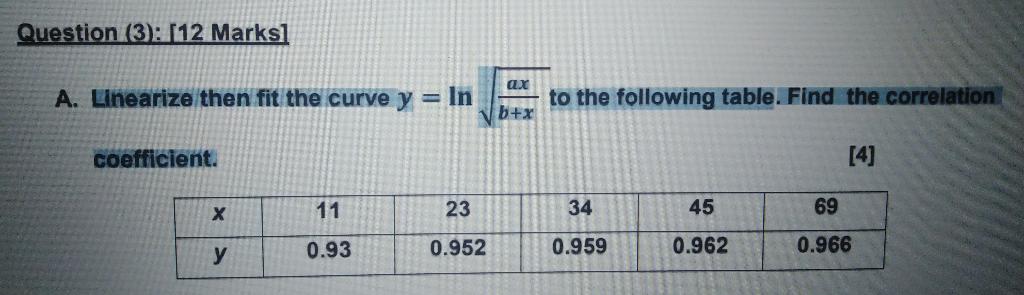 Solved Question 3): (12 Marks] ax A. Linearize then fit the | Chegg.com