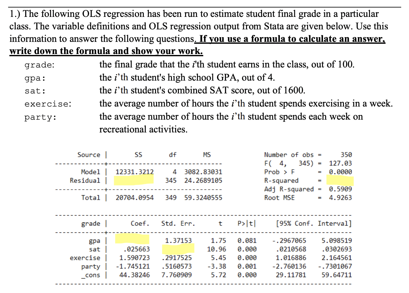 Solved 1.) The following OLS regression has been run to | Chegg.com