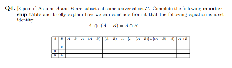 Solved Q4. [3 points ] Assume A and B are subsets of some | Chegg.com