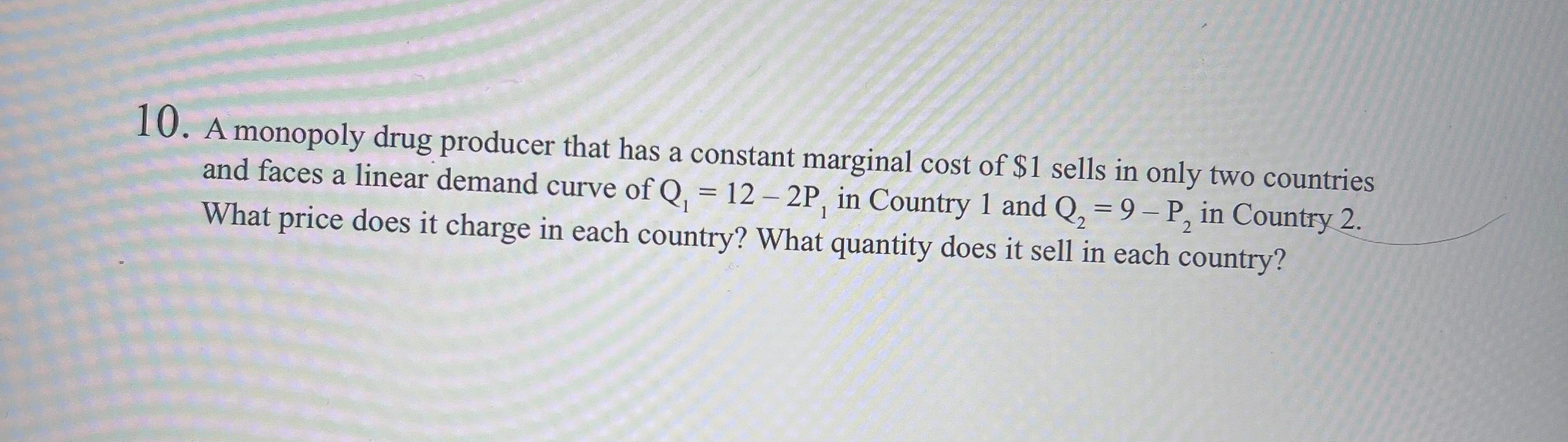 Solved 10. A monopoly drug producer that has a constant | Chegg.com