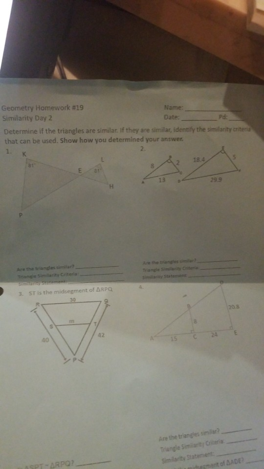 Solved Geometry Homework #19 Similarity Day 2 Determine if | Chegg.com