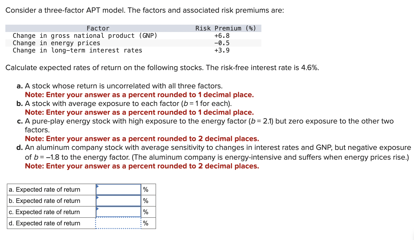 Solved Consider a three-factor APT model. The factors and | Chegg.com