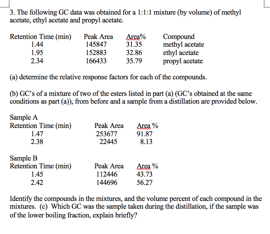 Solved 3. The following GC data was obtained for a 1:1:1 | Chegg.com