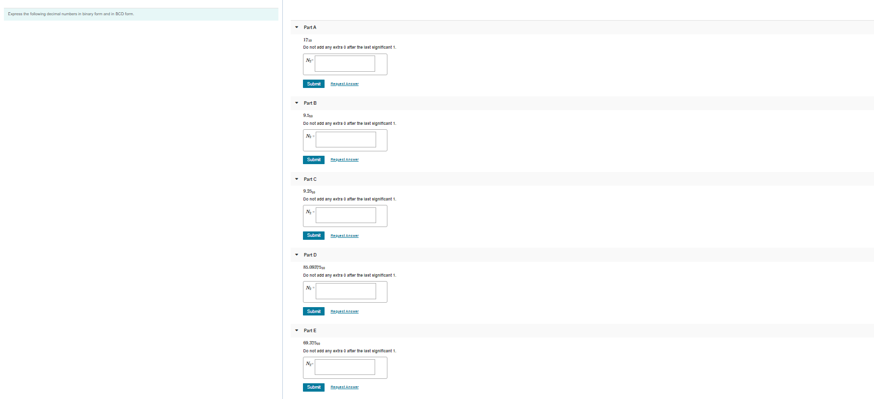 Solved Express the following decimal numbers in binary form | Chegg.com
