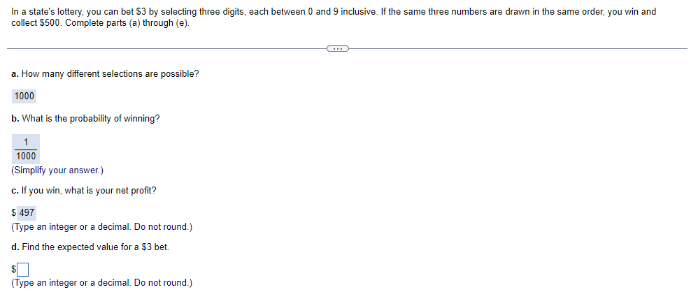 Solved In a state's lottery, you can bet $3 by selecting | Chegg.com