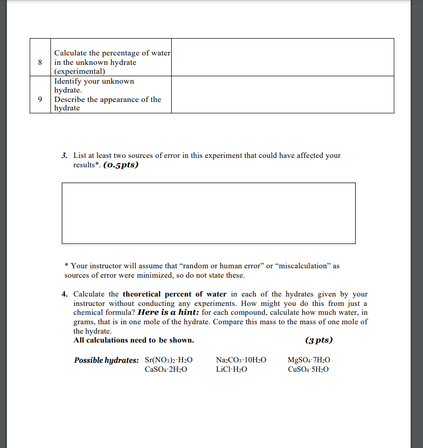Solved Data for Experiment 7: Identification of Hydrates | Chegg.com