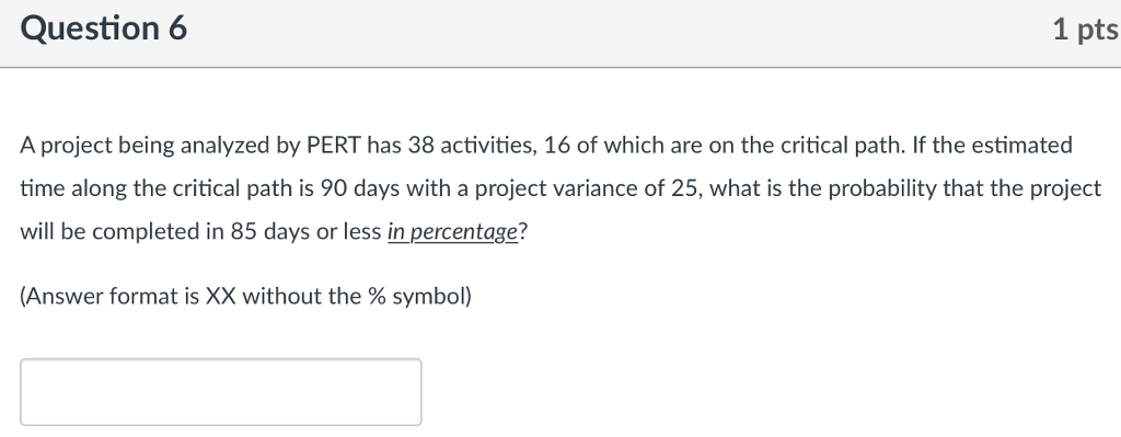 Solved Question 6 1 pts A project being analyzed by PERT has | Chegg.com