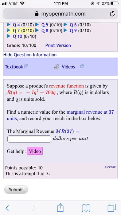 Solved 1:10 PM 7 27% lAT&T myopenmath.com Q 10 (0/10) Print | Chegg.com