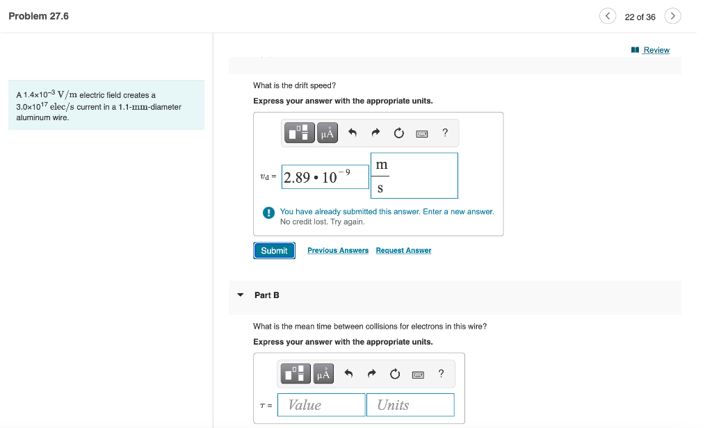 Solved Problem 27.6 22 of 36 Review A 1.4x10-3 V/m electric | Chegg.com