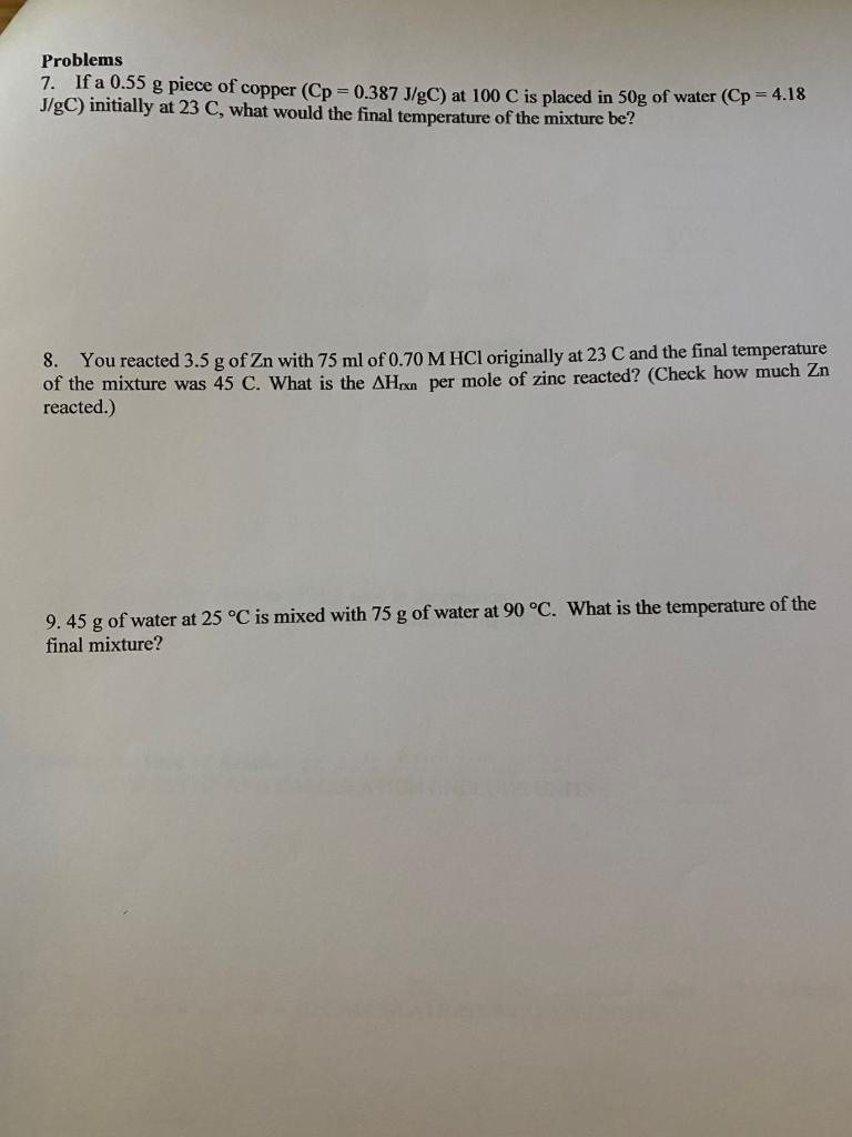 Solved Calorimetry problems for Chemistry 111. It would be | Chegg.com