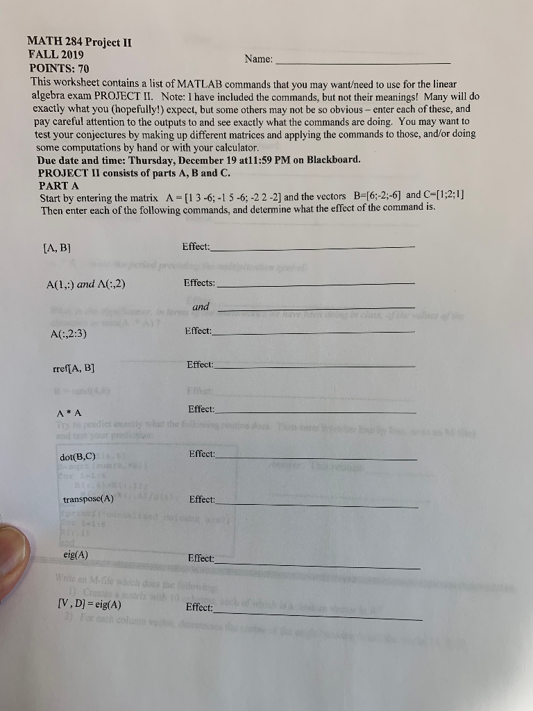 Solved: MATH 284 Project II FALL 2019 Name: POINTS: 70 Thi... | Chegg.com