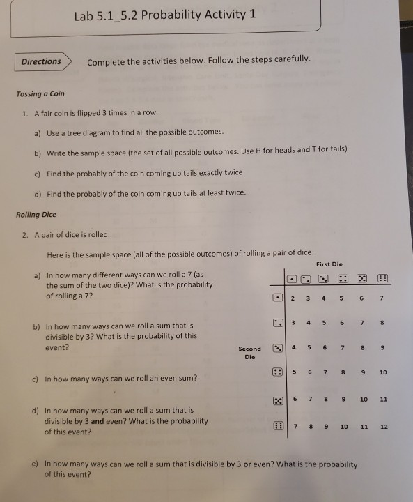 Solved Lab 5.1_5.2 Probability Activity 1 Directions | Chegg.com