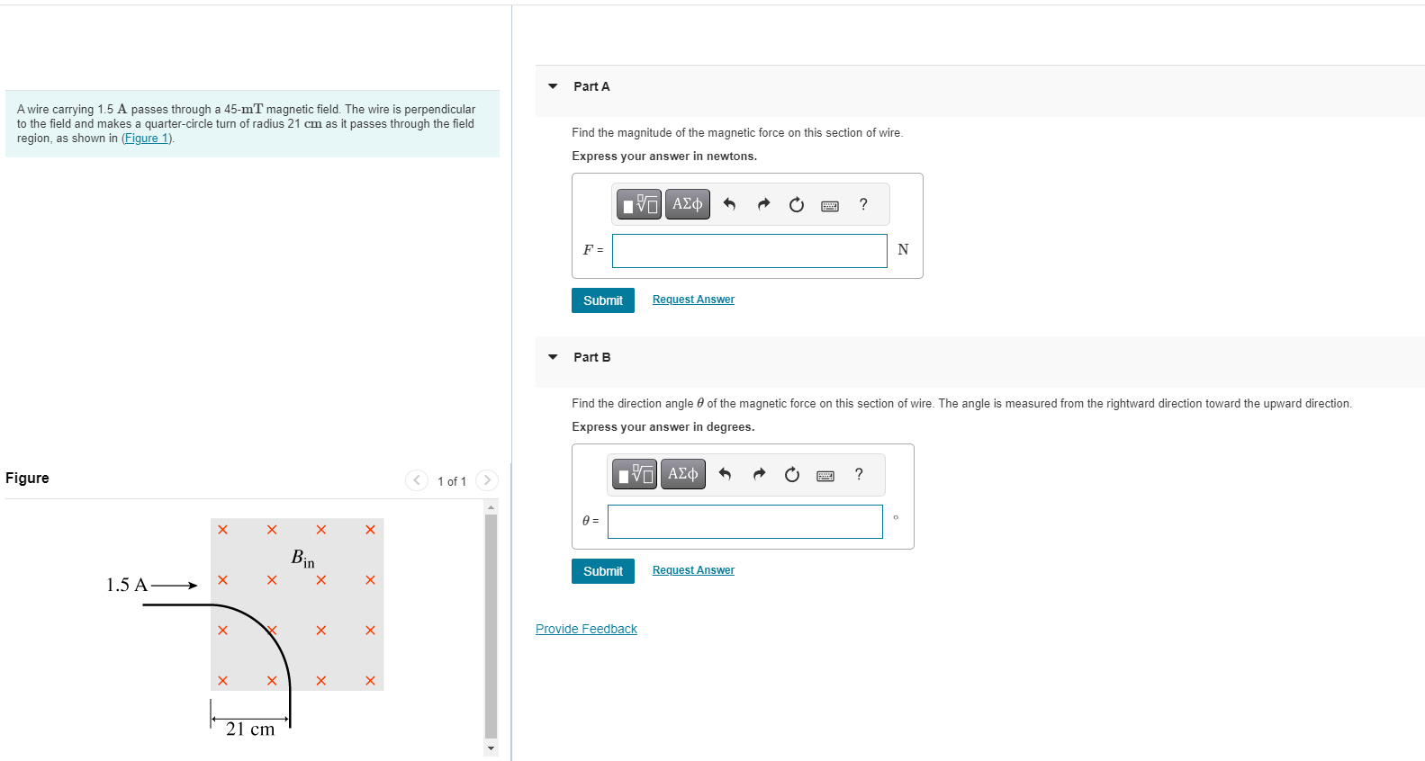 Solved A wire carrying 1.5 A passes through a 45−mT magnetic | Chegg.com