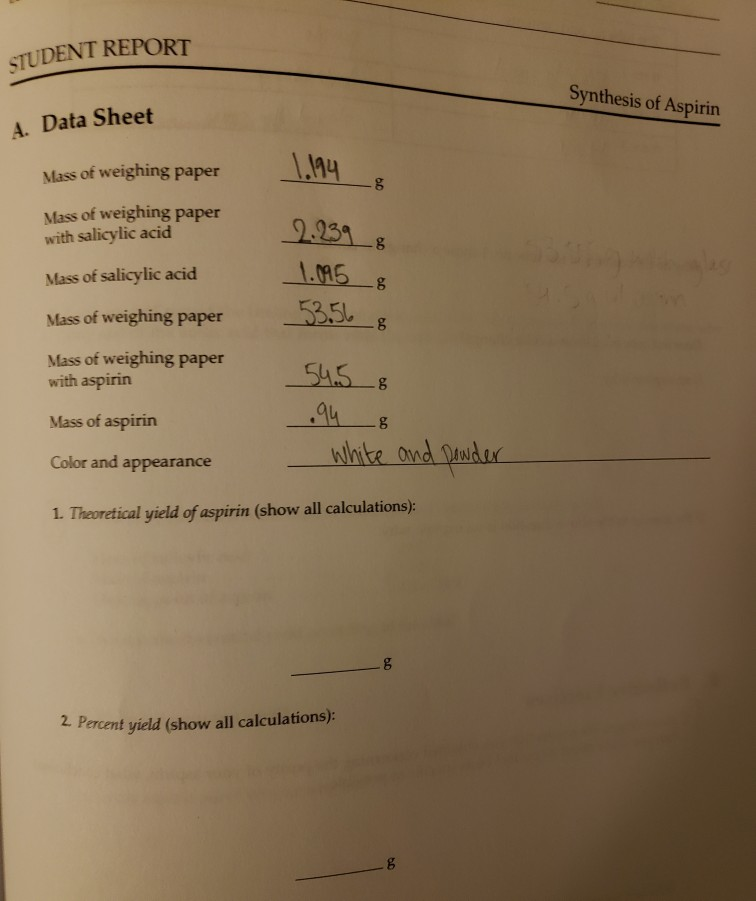 Solved STUDENT REPORT Synthesis of Aspirin A. Data Sheet | Chegg.com