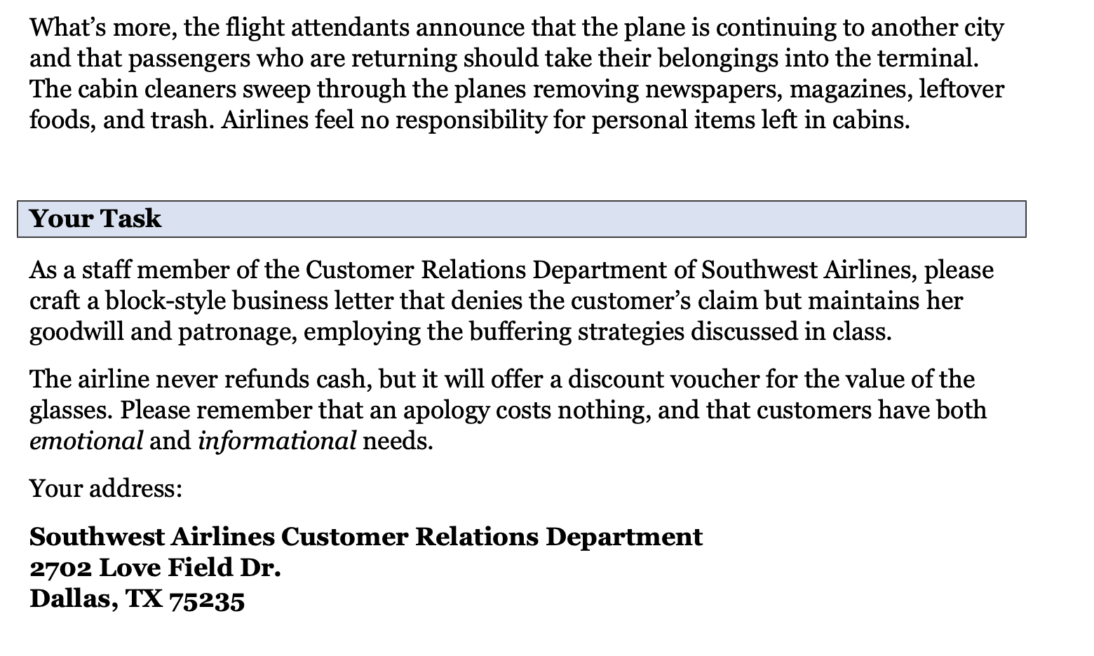 Solved Southwest Airlines has an unhappy customer. On | Chegg.com