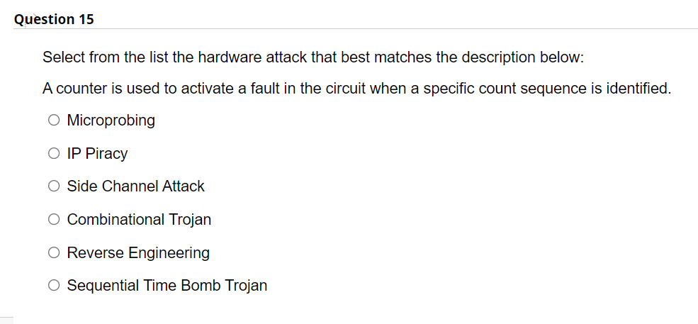 Solved Question 15 Select from the list the hardware attack | Chegg.com