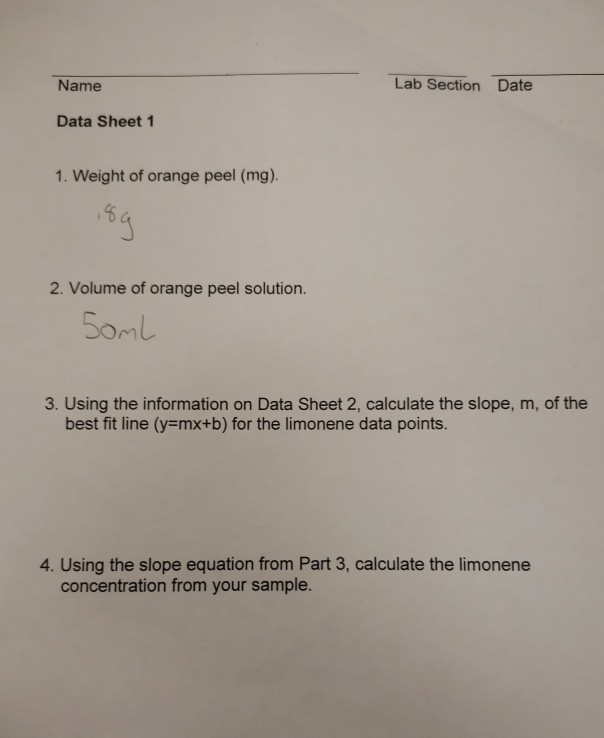 Solved Lab Section Date Name Data Sheet 1 1. Weight of | Chegg.com
