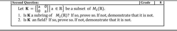 Solved Let K={[a00a]∣a∈R} be a subset of M2(R). 1. Is K a | Chegg.com
